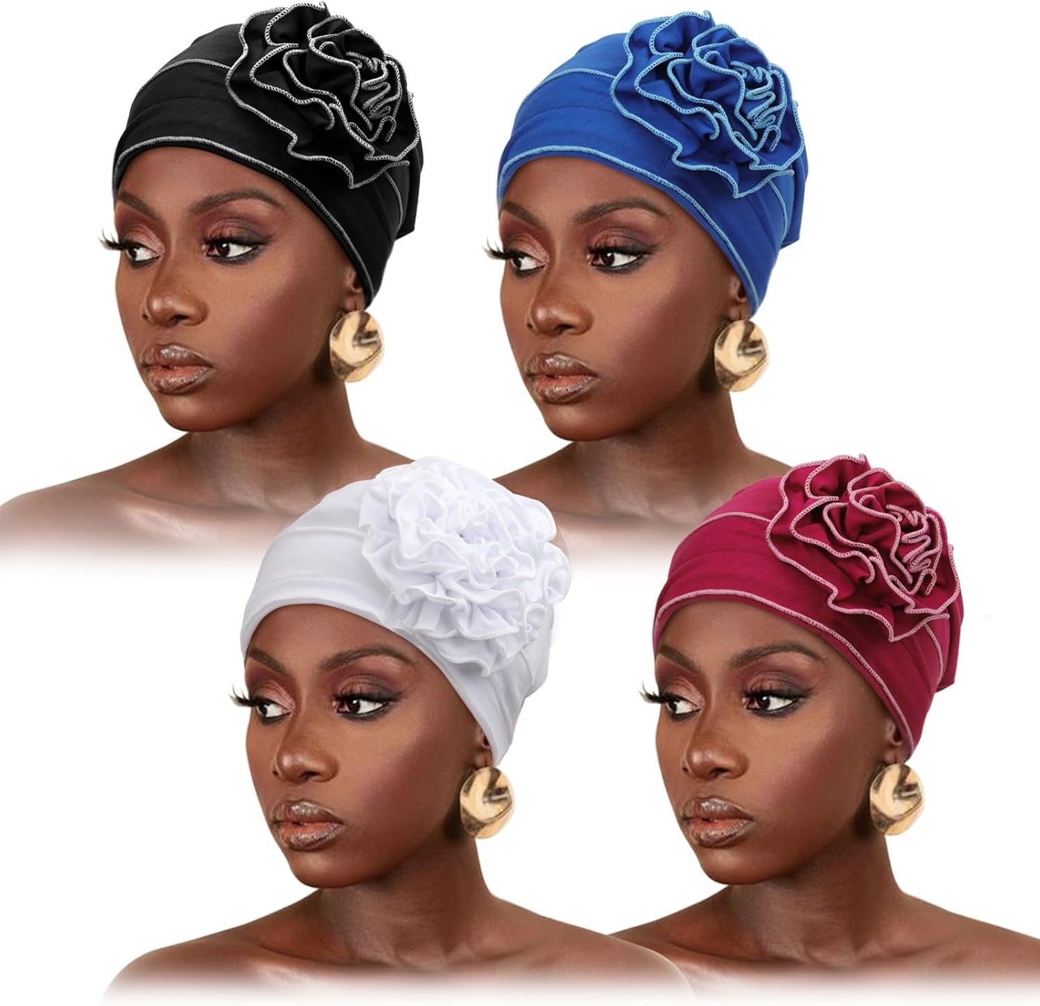 4Pcs Turban Headwear for Women Flower Caps Chemo Cap for Cancer Patient African Hair Cover ...