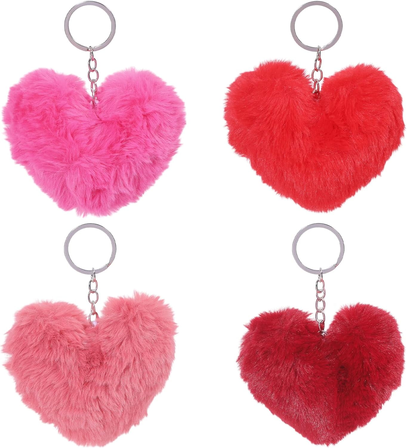 4Pcs Valentine's Day Keychains Puffball Red Heart Fur Pom Pom Key ...