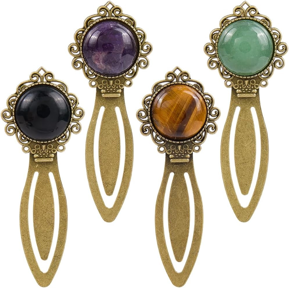 4Pcs Vintage Bookmarks Natural Gemstone Amethyst Alloy Bookmarks Retro ...