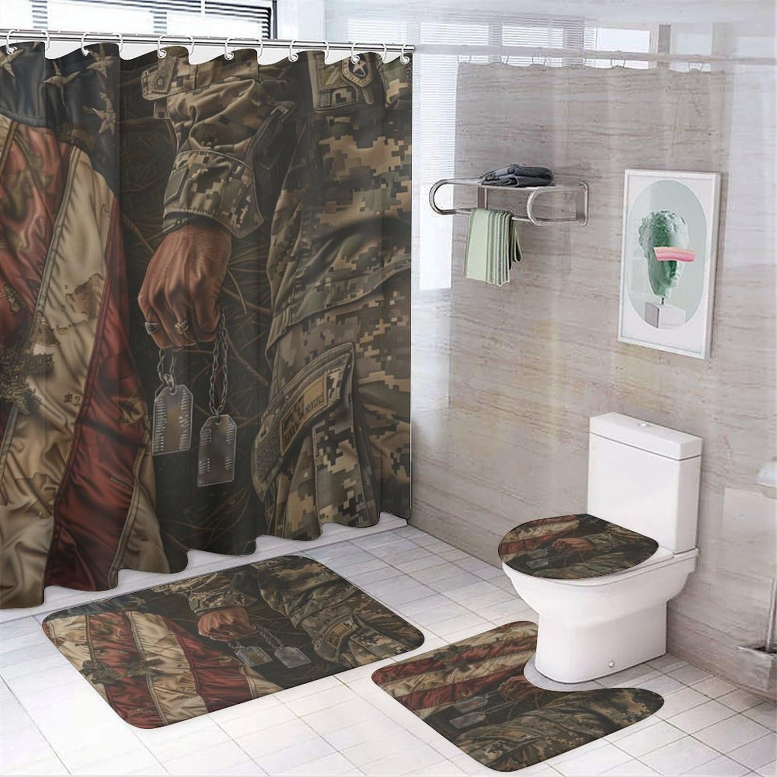 4Pcs Vintage Camouflage Soldier Shower Curtain Sets, Bathroom Decor Set ...