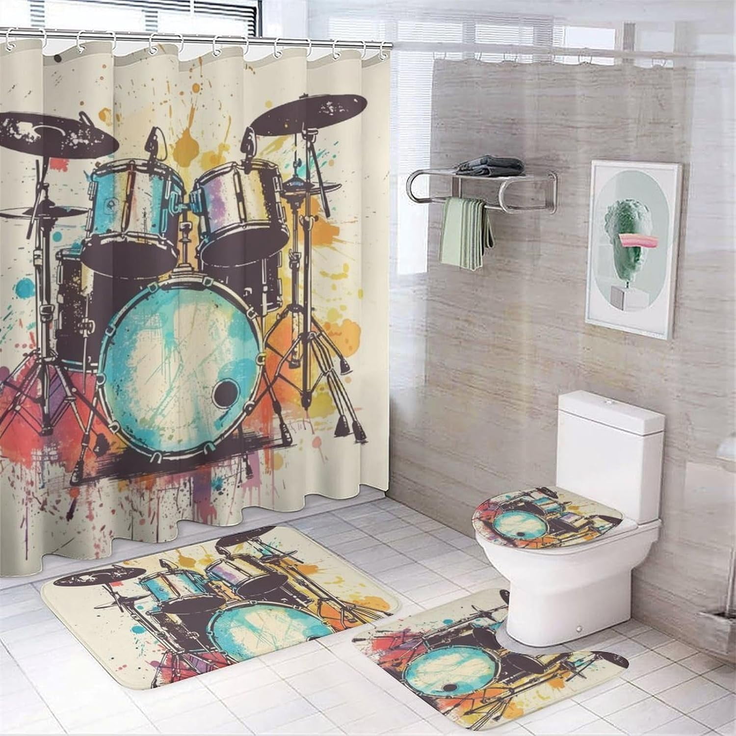 4Pcs Vintage Drum Kit Shower Curtain Sets with Rugs, Toilet Lid Cover ...