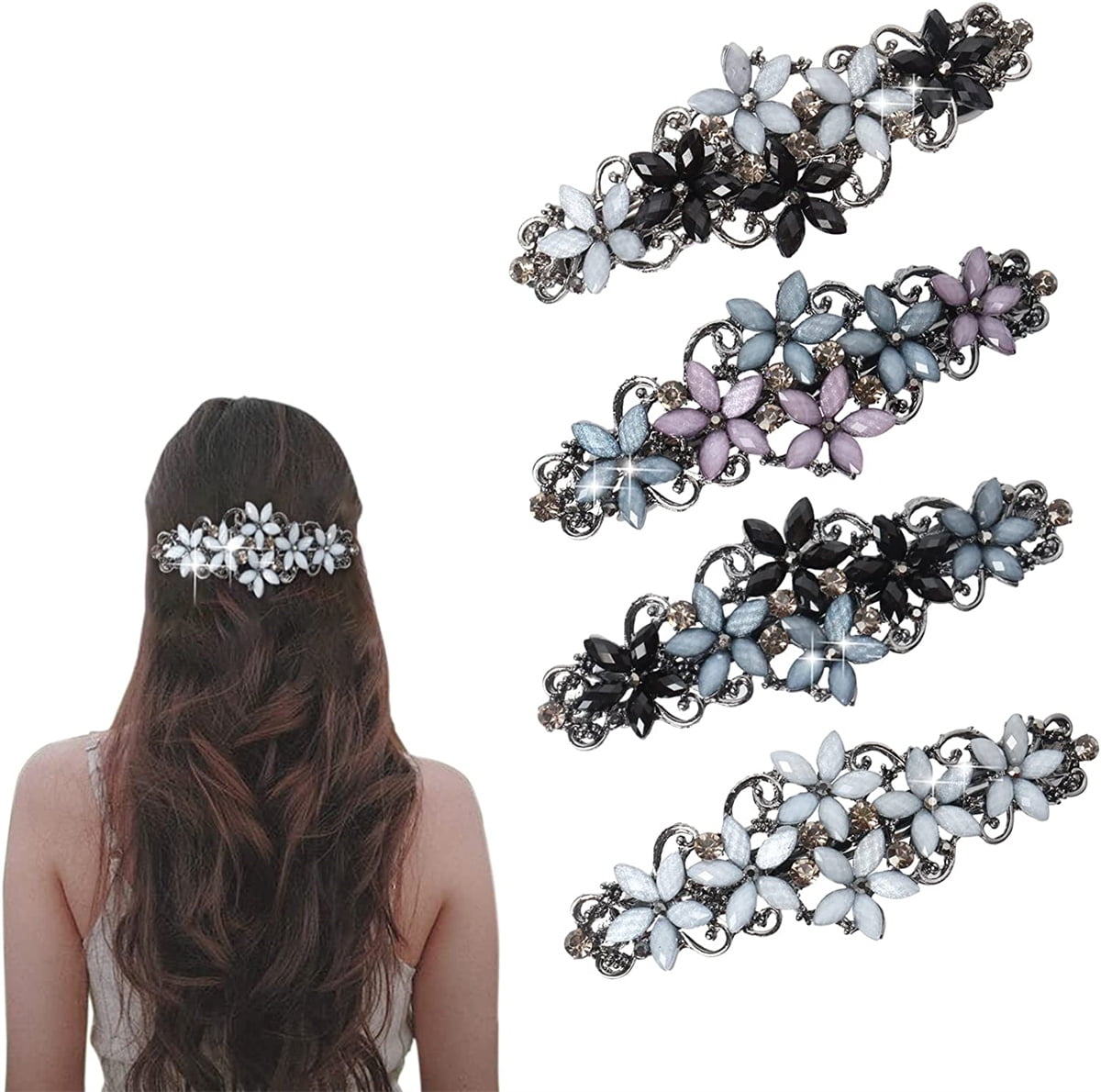 4Pcs Vintage Hair Barrettes,Happon Crystal French Barrette， Rhinestone ...