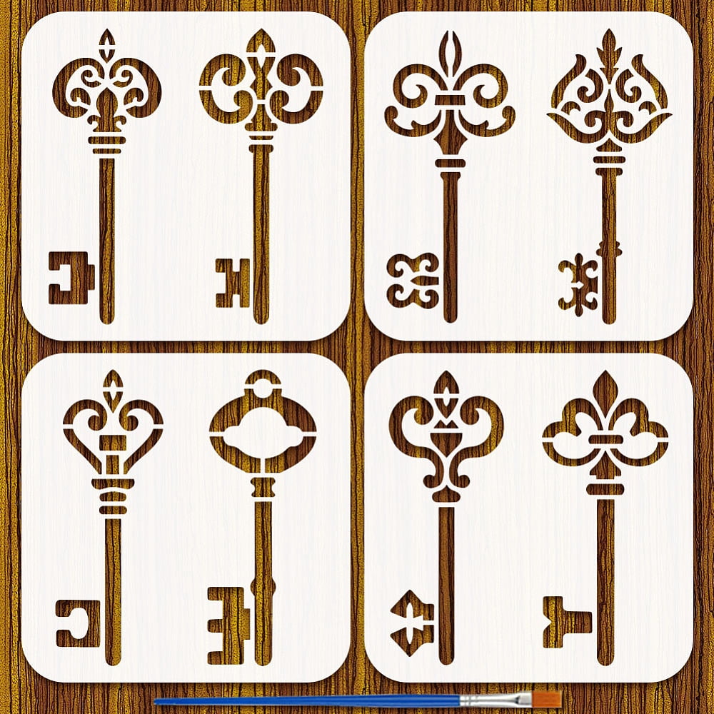 4Pcs Vintage Key Stencils for Painting with Paintbrush 5.9x5.9inch ...