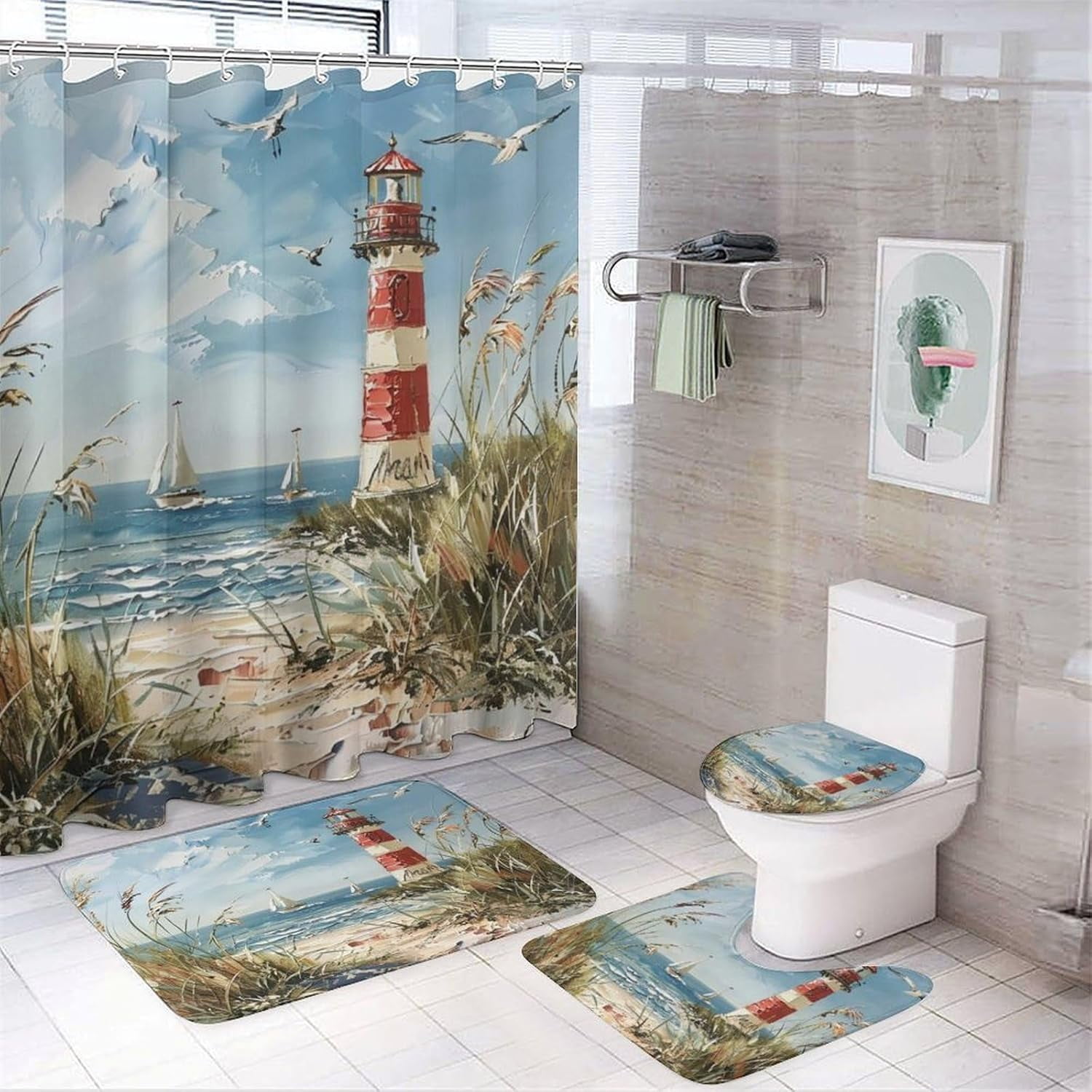 4Pcs Vintage Lighthouse Shower Curtain Set with Toilet Lid Cover U ...