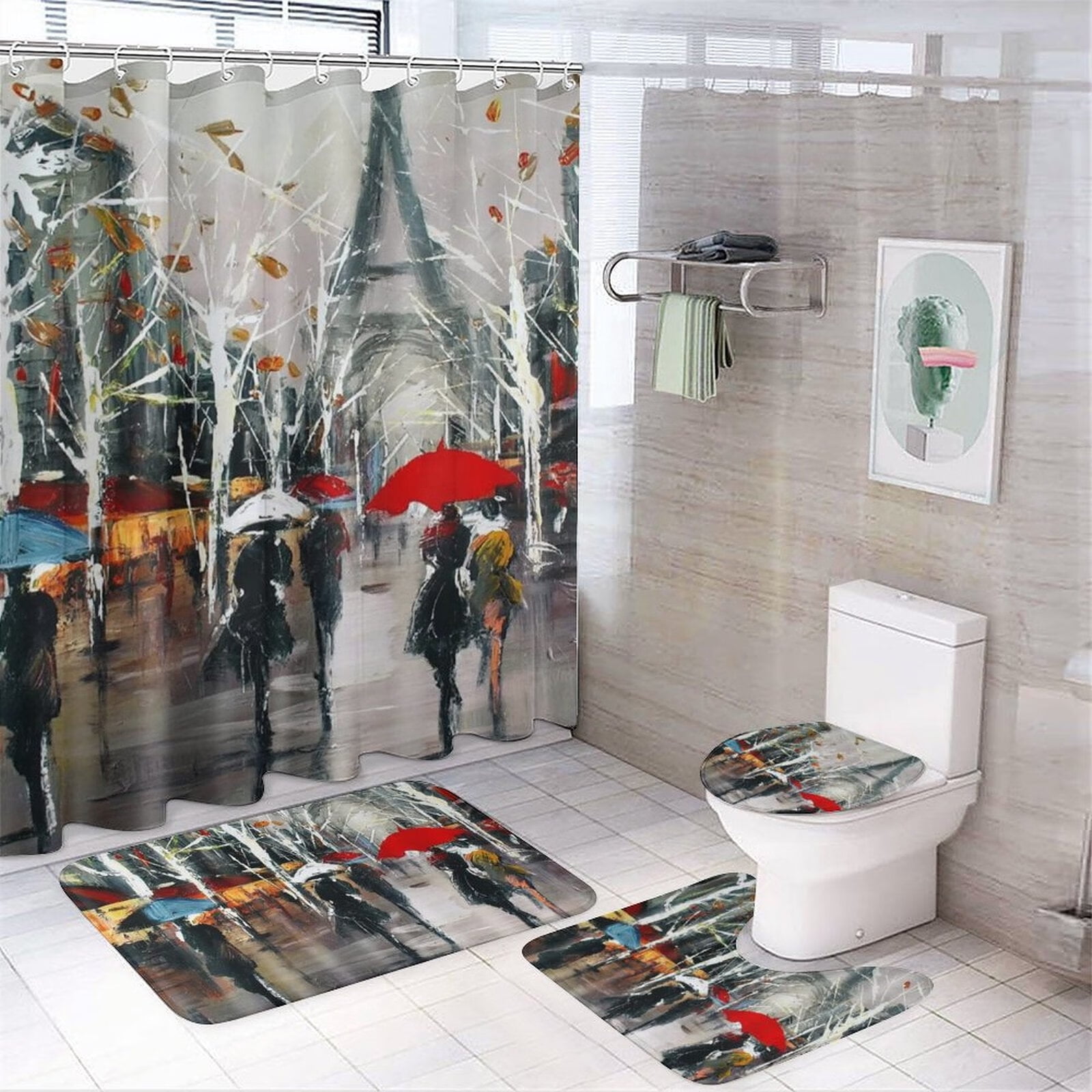 4Pcs Paris Eiffel Tower Bathroom Set: Shower Curtain, Non-Slip Rugs, U-Shaped Mat, Toilet Lid ...