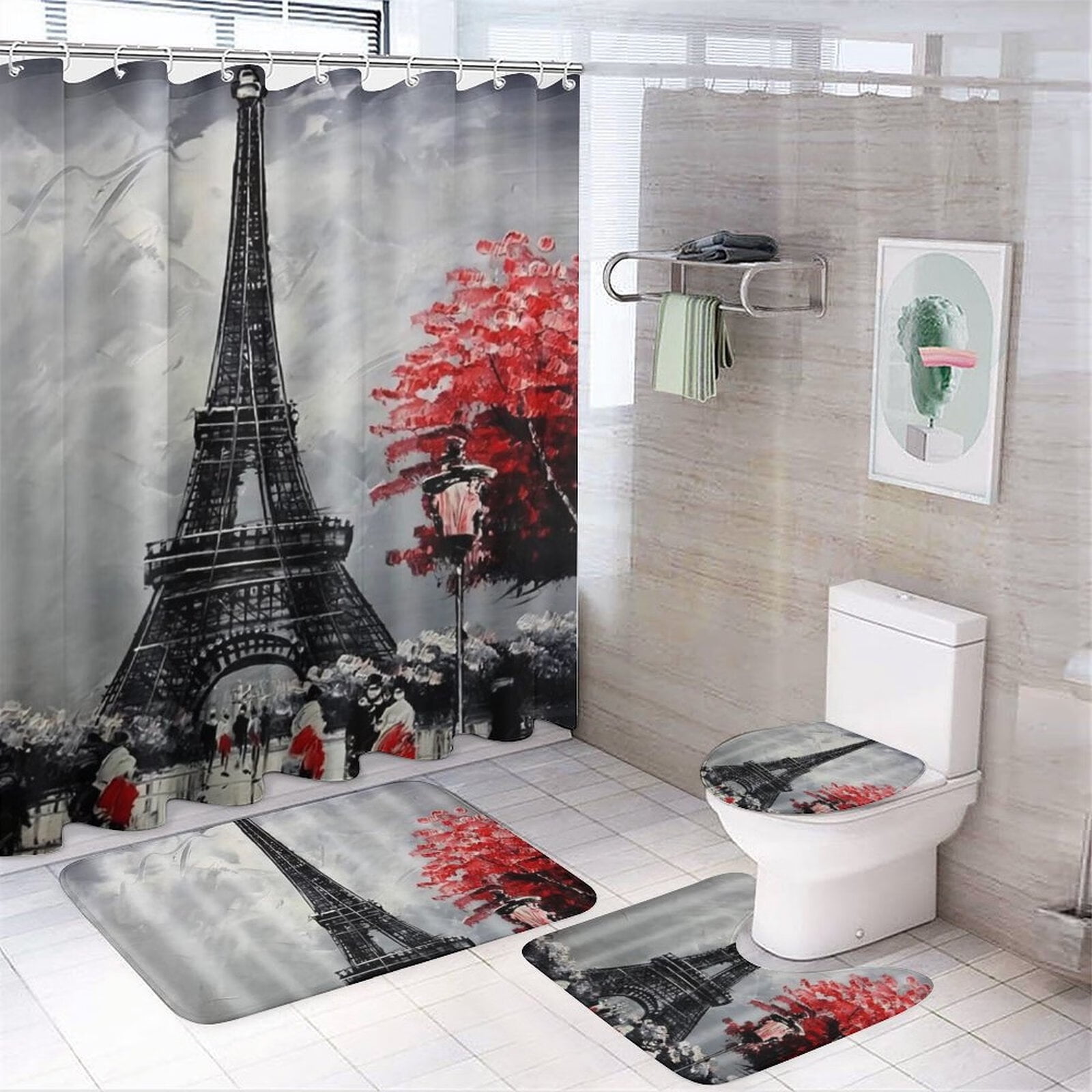 4Pcs Vintage Paris Eiffel Tower Shower Curtain Sets Bathroom Set Decor with Non-Slip Rugs Bath U ...
