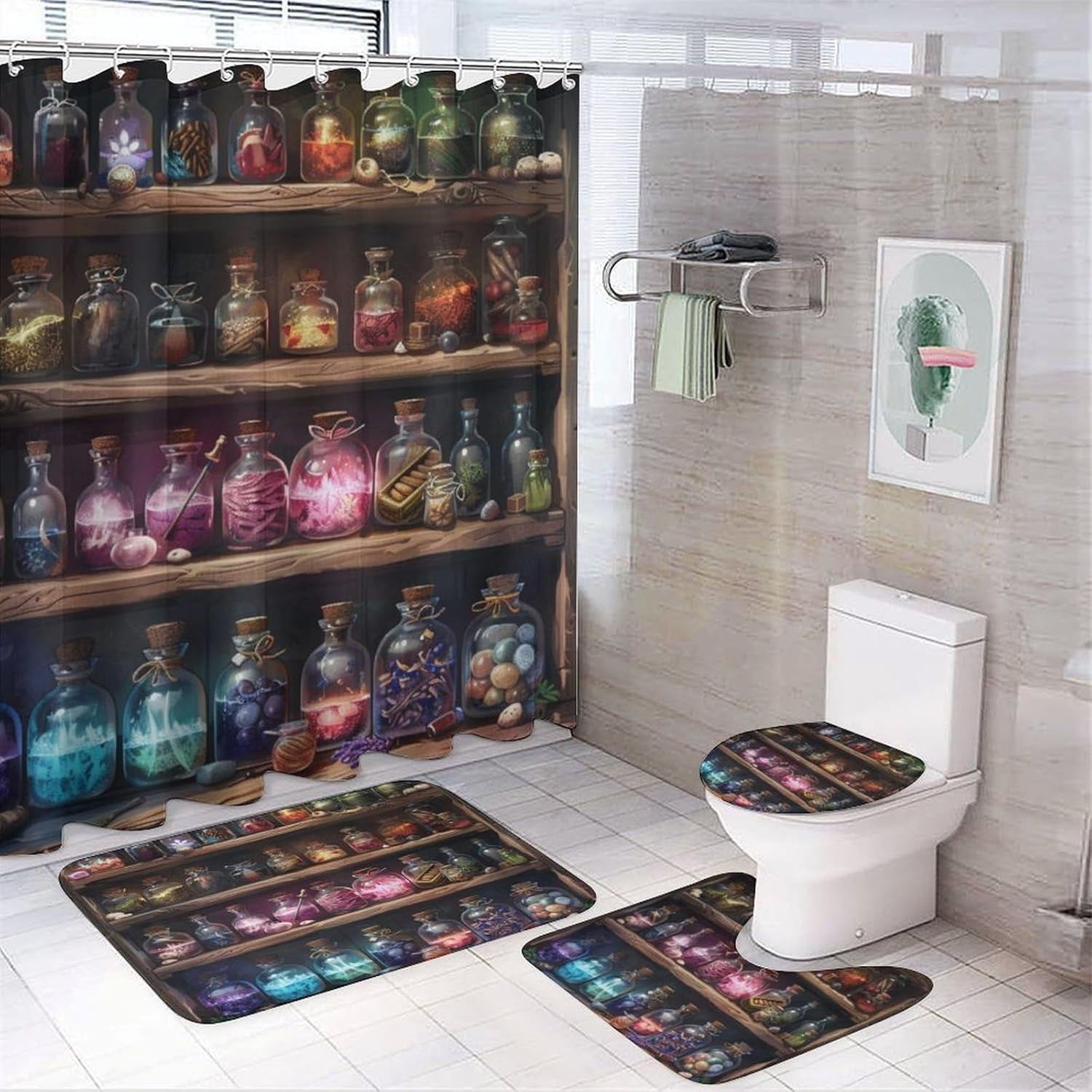 4Pcs Vintage Shelf Potion Shower Curtain, Mystical Gothic Halloween ...