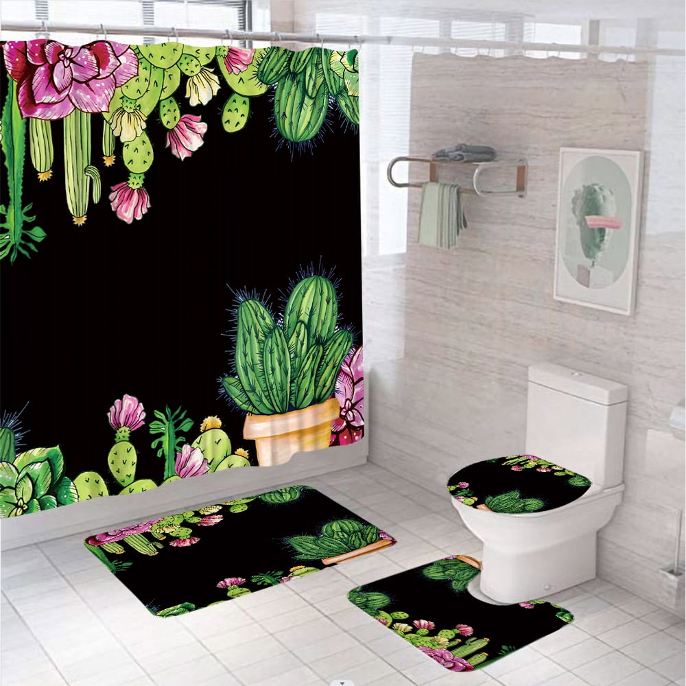 4Pcs Watercolor Cactus Shower Curtain Set with Rug Toilet Lid Cover ...