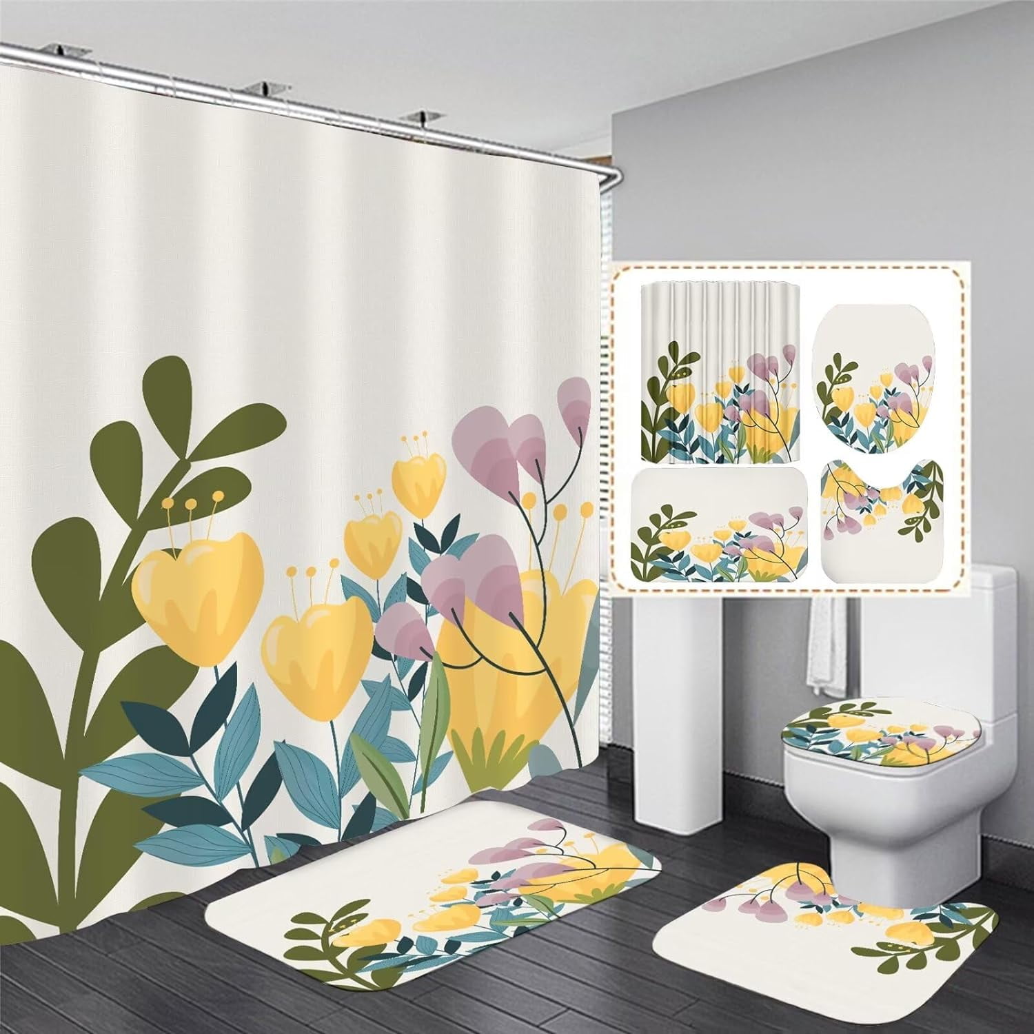 4pcs Watercolor Flower Shower Curtain Set With Non Slip Rugs Toilet Lid Cover And Bath Mat