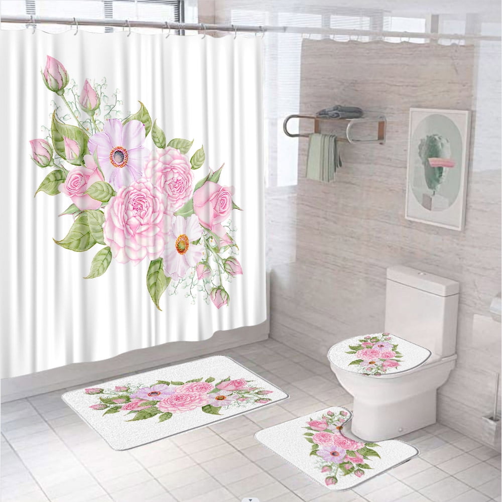 4Pcs Watercolor Flower Shower Curtain Set Summer Plant Palm Leaves ...