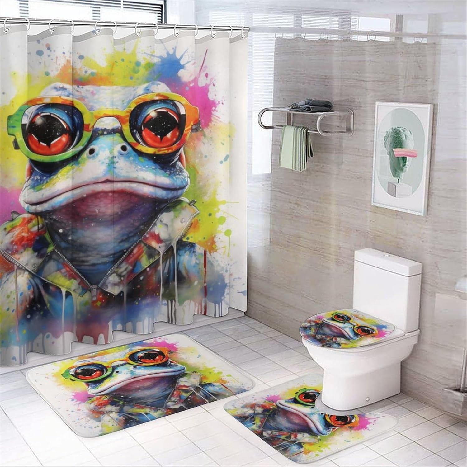 4Pcs Watercolor Funny Frog Shower Curtain Sets with Non-Slip Rugs ...