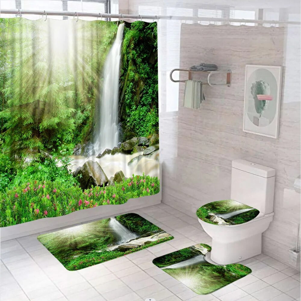 4pcs Waterfall Forest Tropical Scenery Shower Curtain Set Bathroom