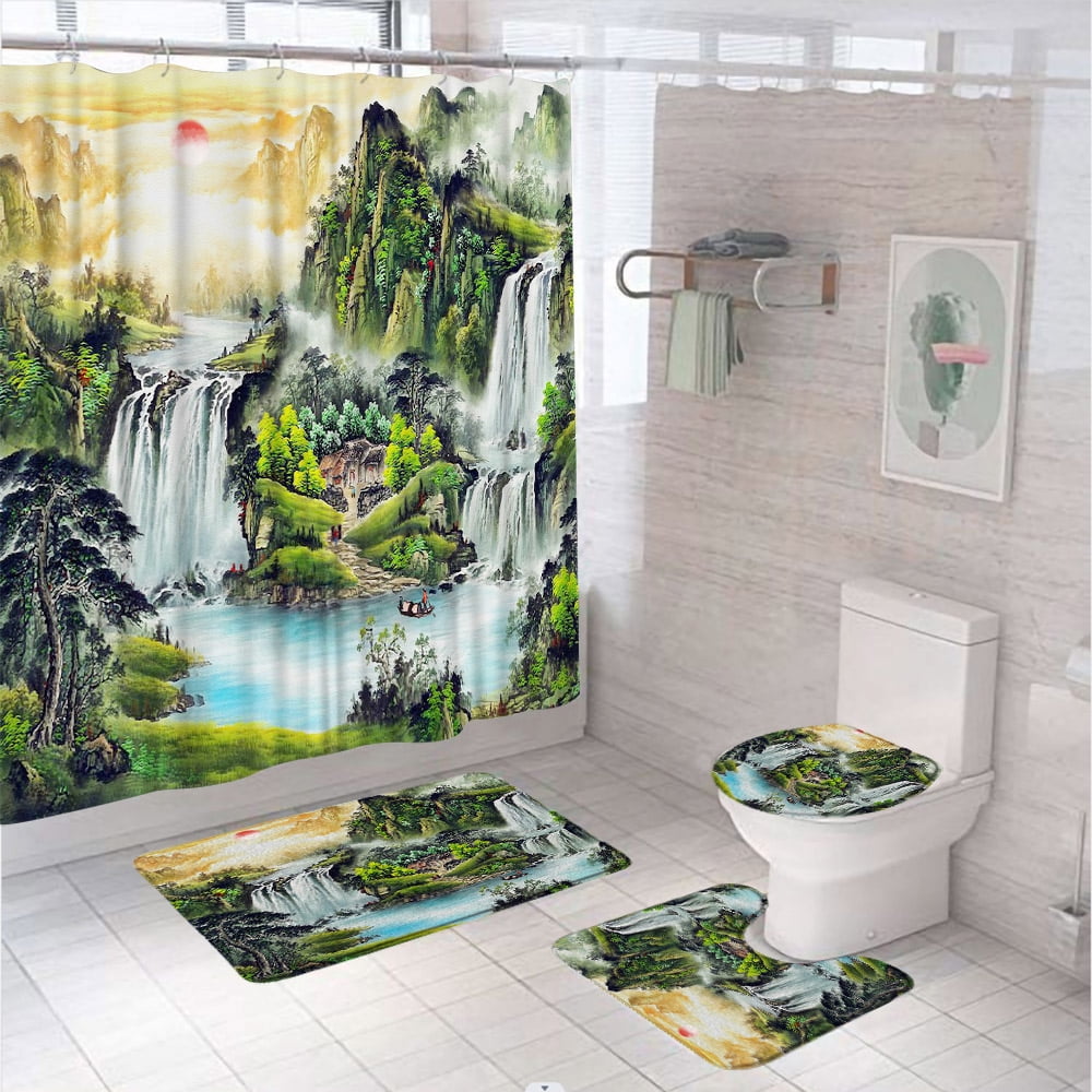 4Pcs Waterfall Forest Tropical Scenery Shower Curtain Set Bathroom r ...