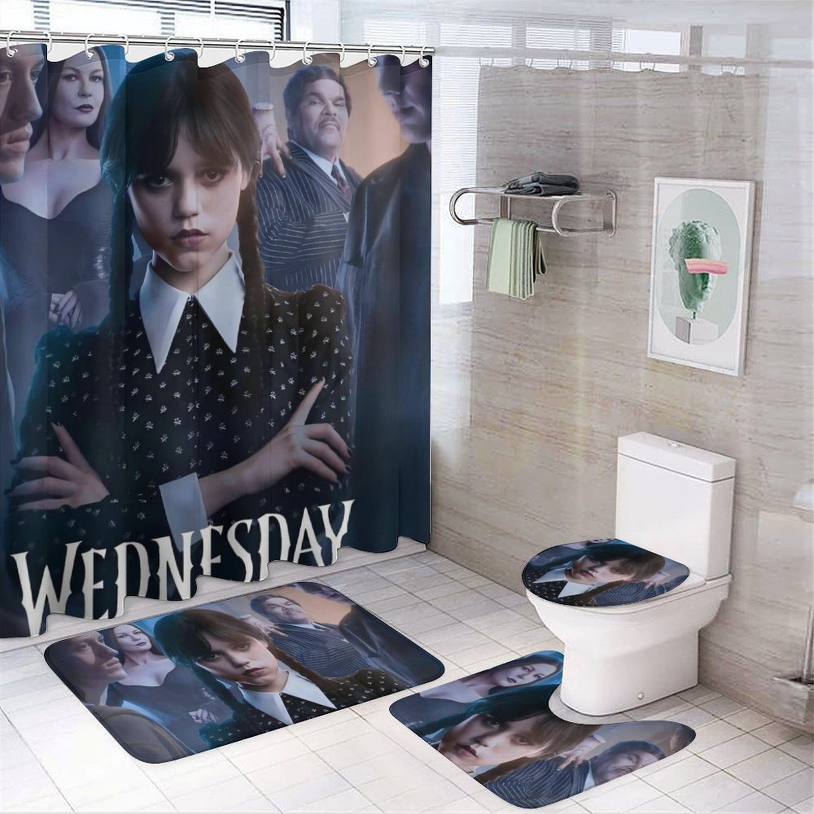 4Pcs Wednesday Addams Shower Curtain Set with Non-Slip Rugs, Toilet Lid ...