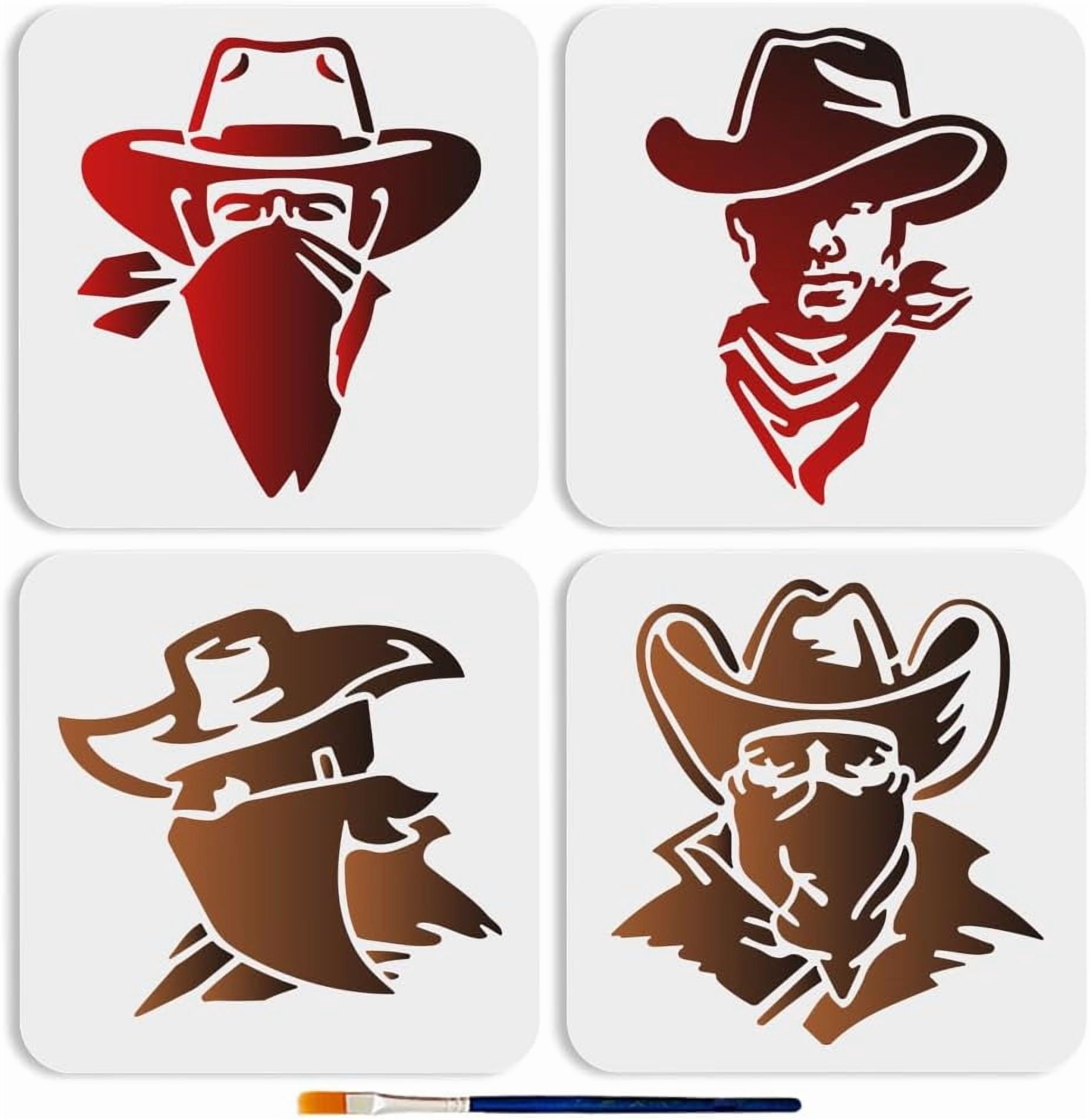 4Pcs Western Cowboy Template 8x8inch Vintage Scarf Cowboy Character ...