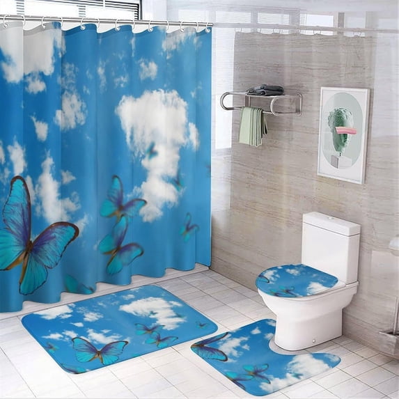 4Pcs White Bathroom Sets with Shower Curtain and Rugs, Simple Leaf ...