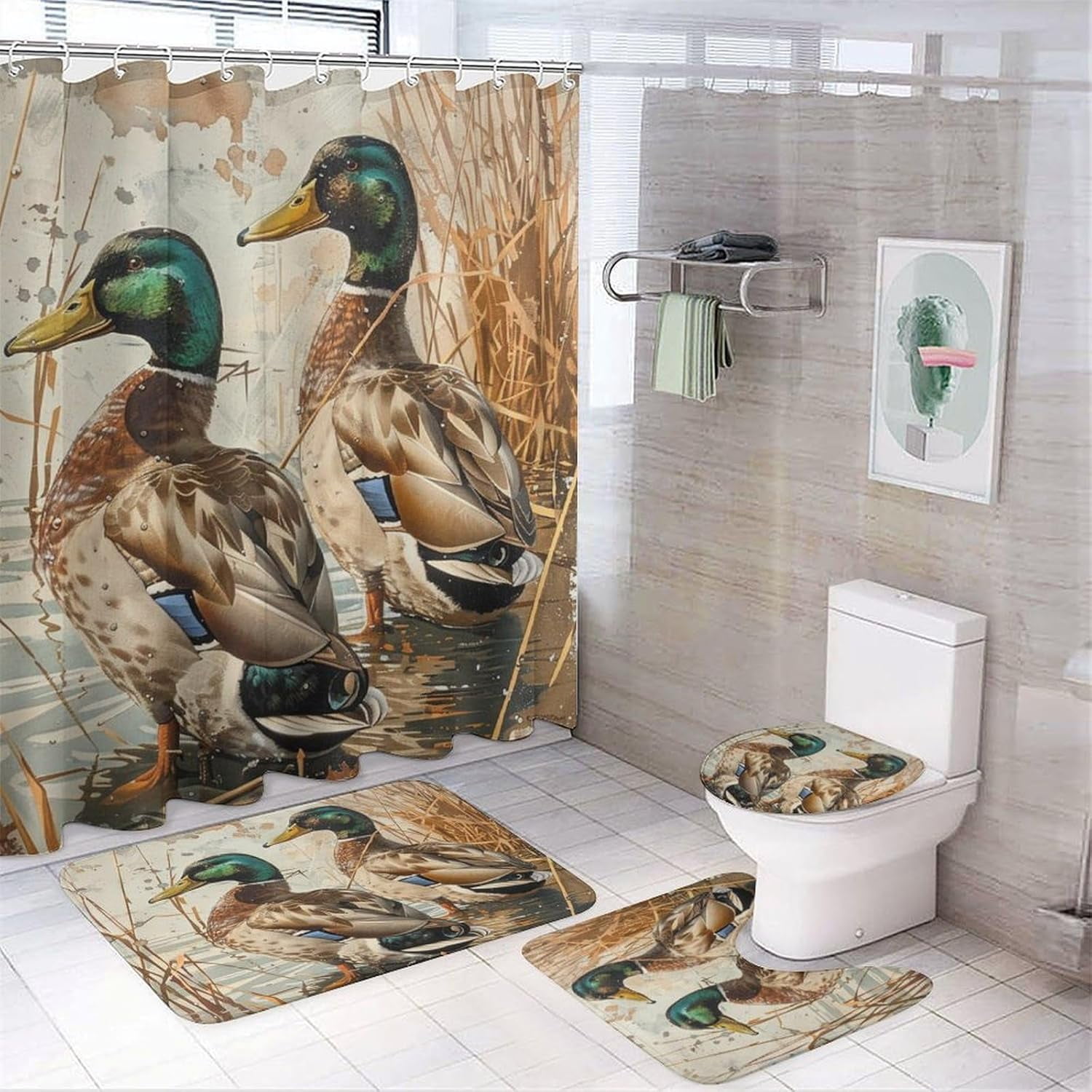 4Pcs Wild Lake Duck Shower Curtain Set with Toilet Lid Cover U-Shaped ...