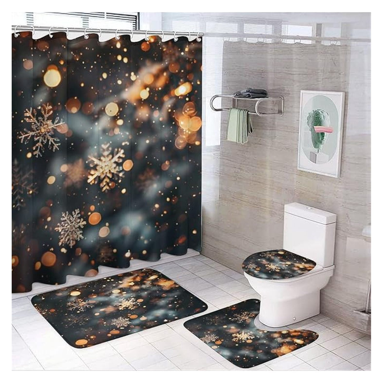 4Pcs Winter Snow Shower Curtain Set with Toilet Lid Cover U-Shaped Mat ...