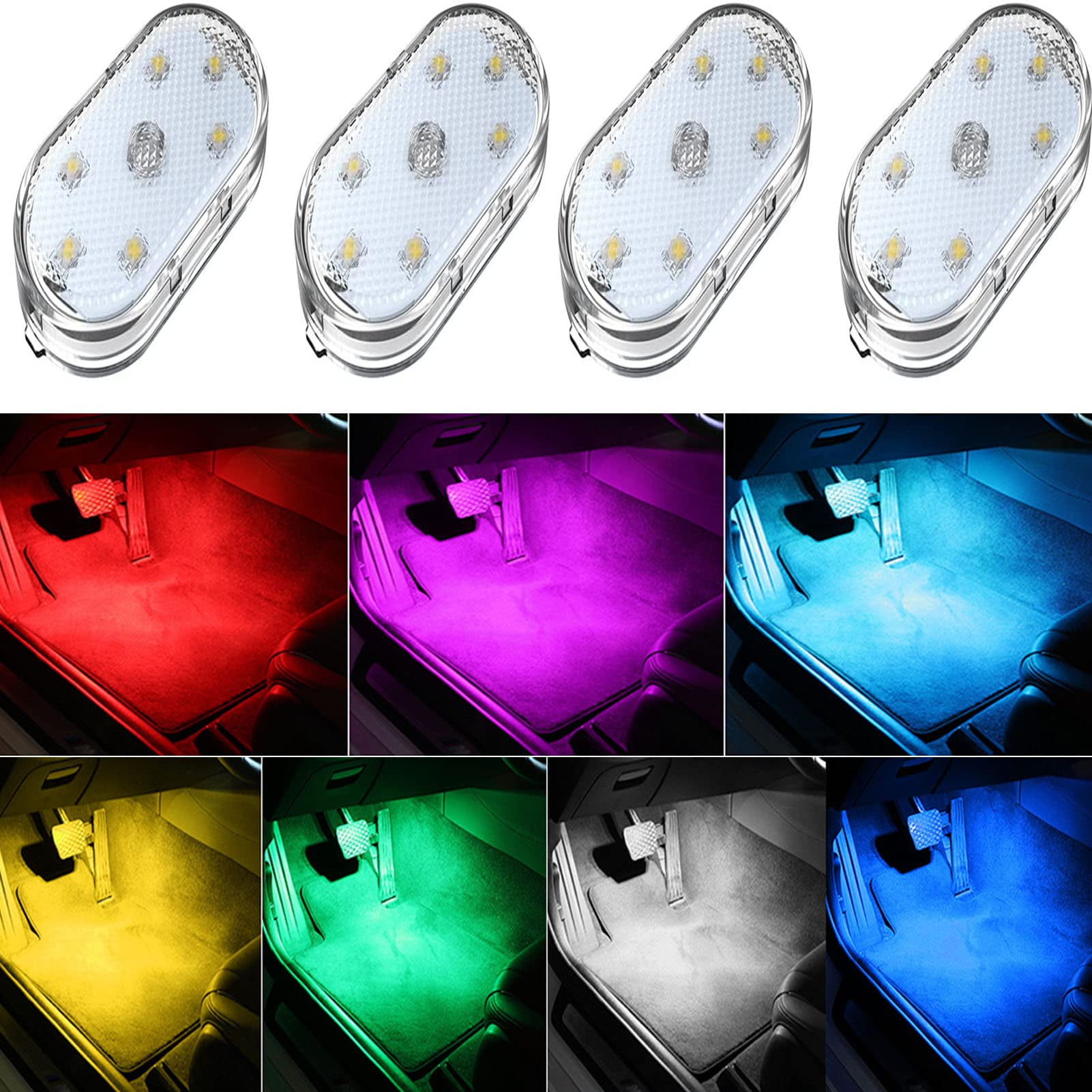 4Pcs Wireless LED Lights for Car Interior,7 Colors Ambient Lighting Car ...
