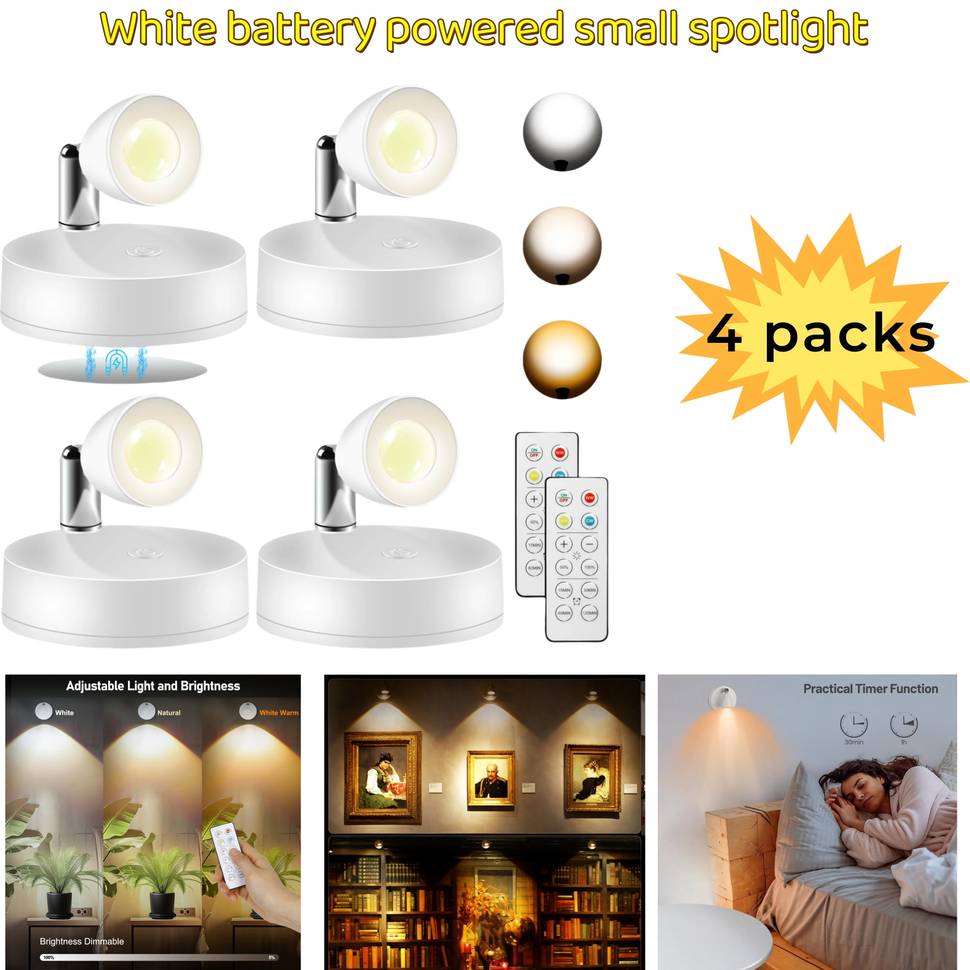 PANGTON VILLA Magnetic LED Spotlights, 3 Color Temperatures, Battery ...