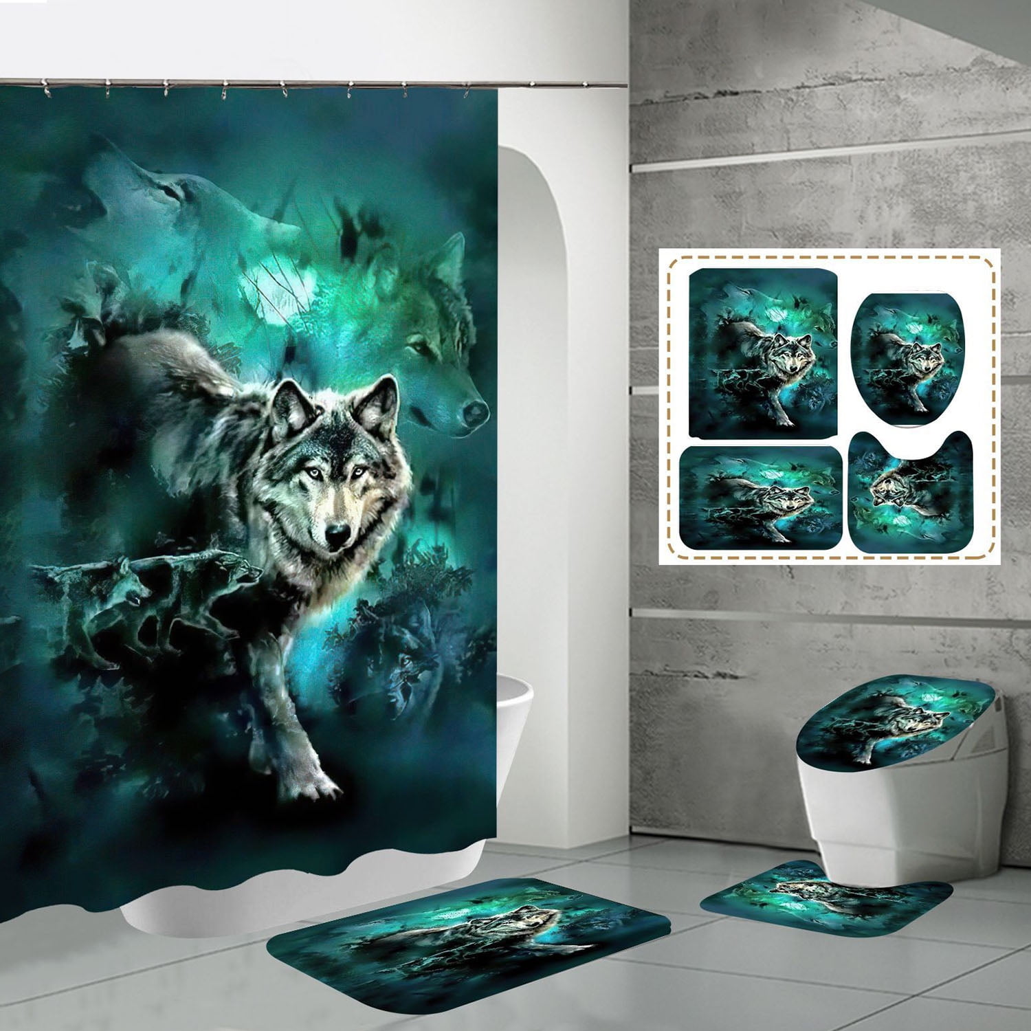 Wolf Animal Print Bathroom Set: Waterproof Shower Curtain, Rugs, Toilet ...