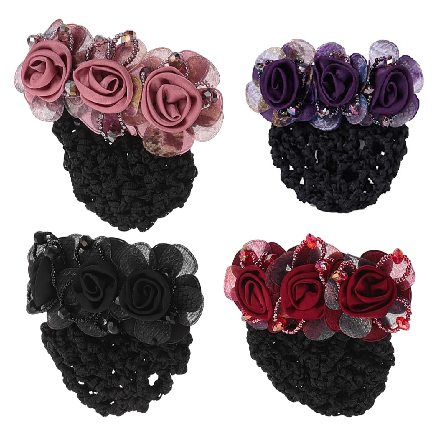 4Pcs Women Flower Hair Accessories, Hair Bun Cover Net Mesh Clips ...