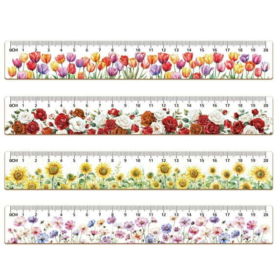 4Pcs Wood Ruler 4 Styles Tool Ruler Wildflowers Cactus Fern Leaves ...