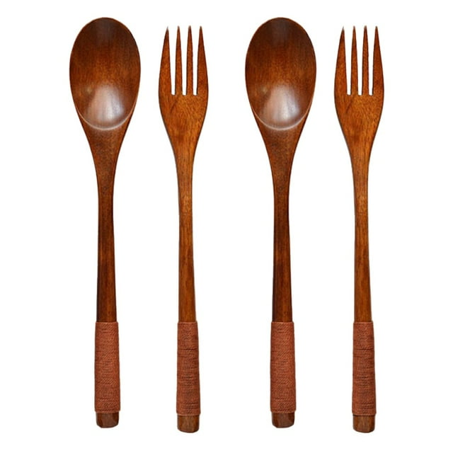 4Pcs Wooden Spoon Fork Dinnerware Set Long Wood Spoon And Fork Set ...