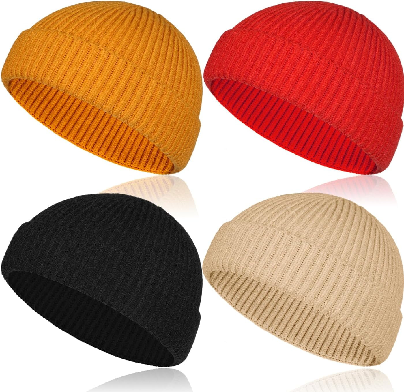 4Pcs Wool Fisherman Beanie Hat Short Knit Cuff Beanies for Men Women ...