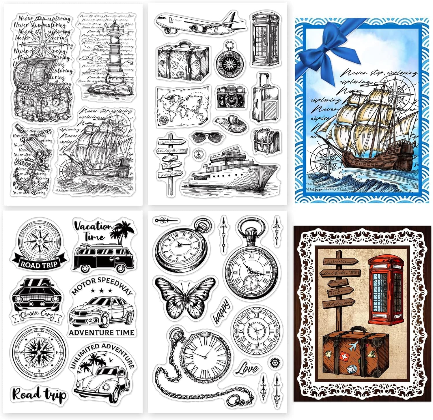 4Pcs World Travel Ship Compass Clear Stamps Car Ship Journey World ...