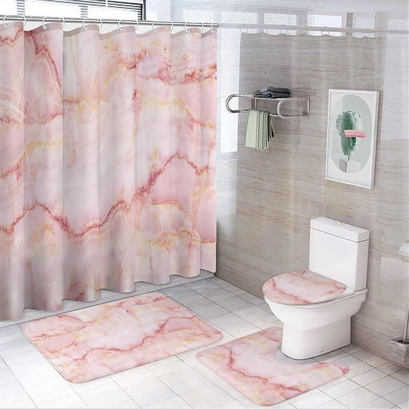 4Pcs Yellow Grey Shower Curtain Sets with Non-Slip Rugs, Toilet Lid ...