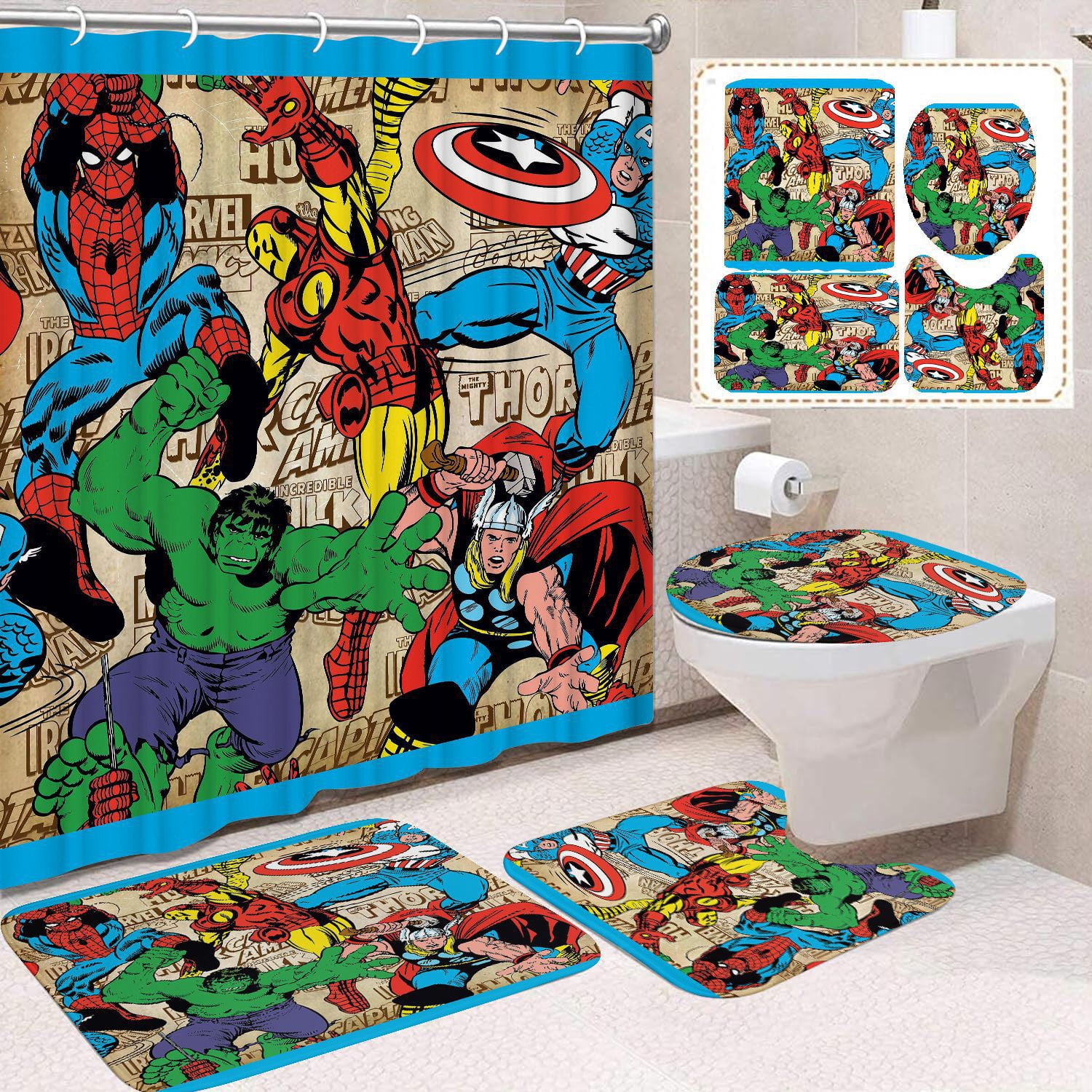 4Pcs spider Shower Curtain Set with 12 C-Shaped Hooks, Waterproof ...