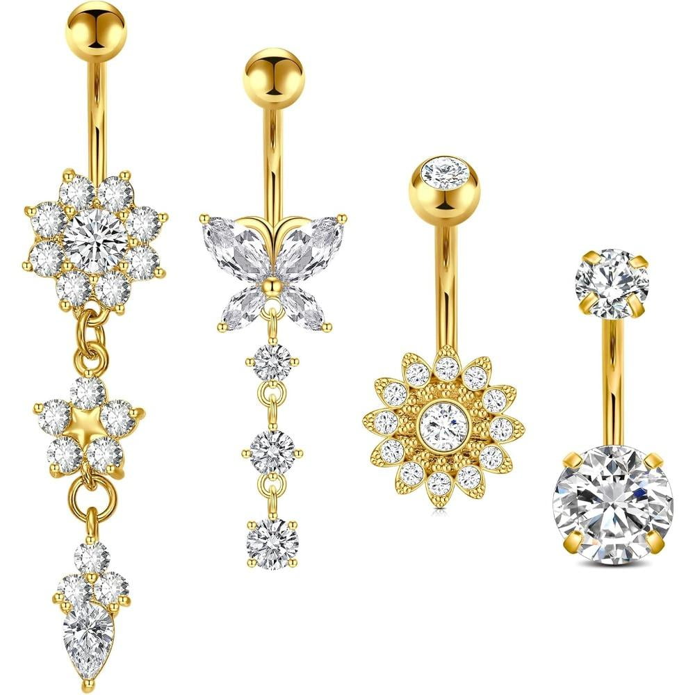 4Pcs unique Stainless Steel Elegant Belly Button Rings, Rhinestone Flower & Butterfly Dangling ...