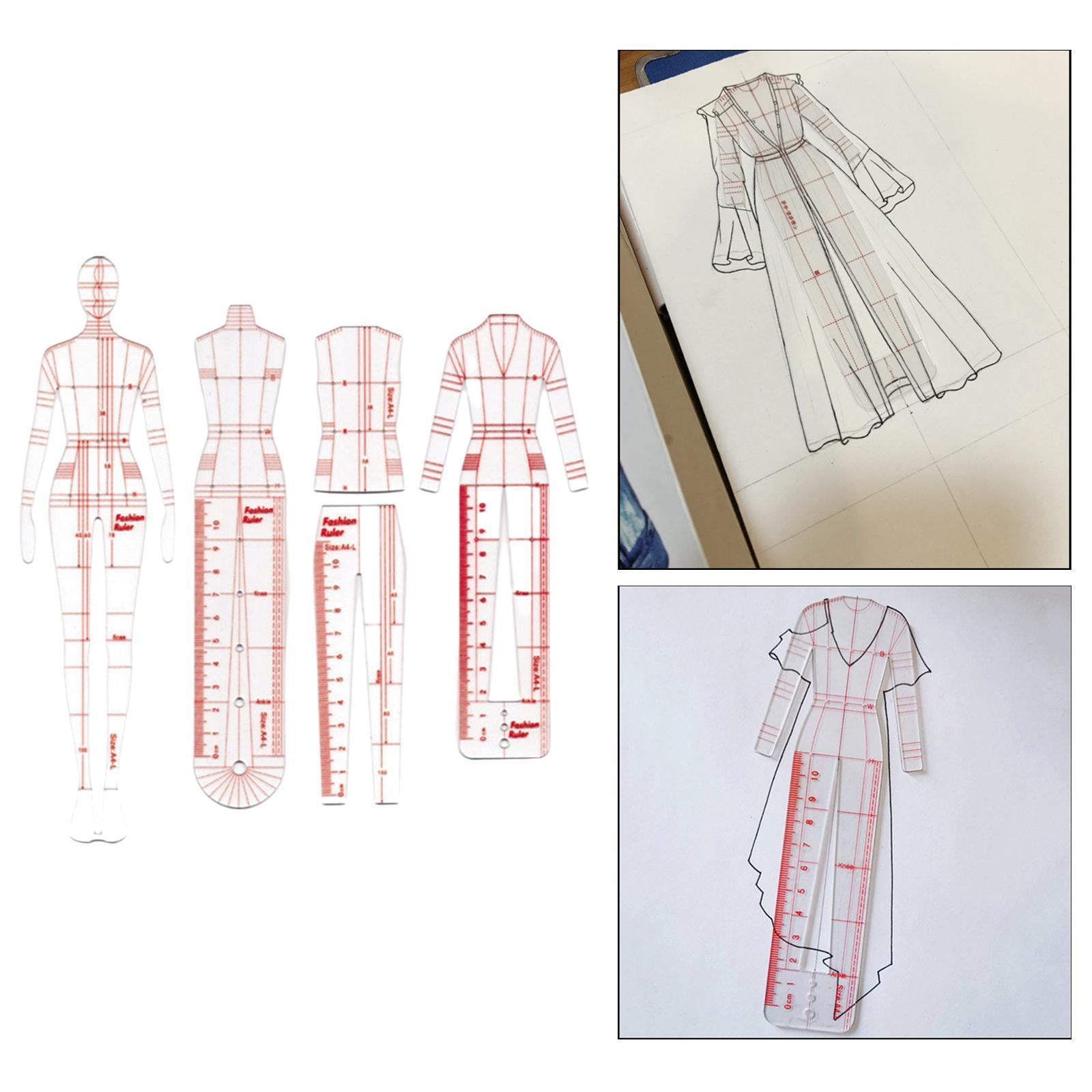 4Pieces Fashion Drawing Template Ruler Set Female Sewing Humanoid ...