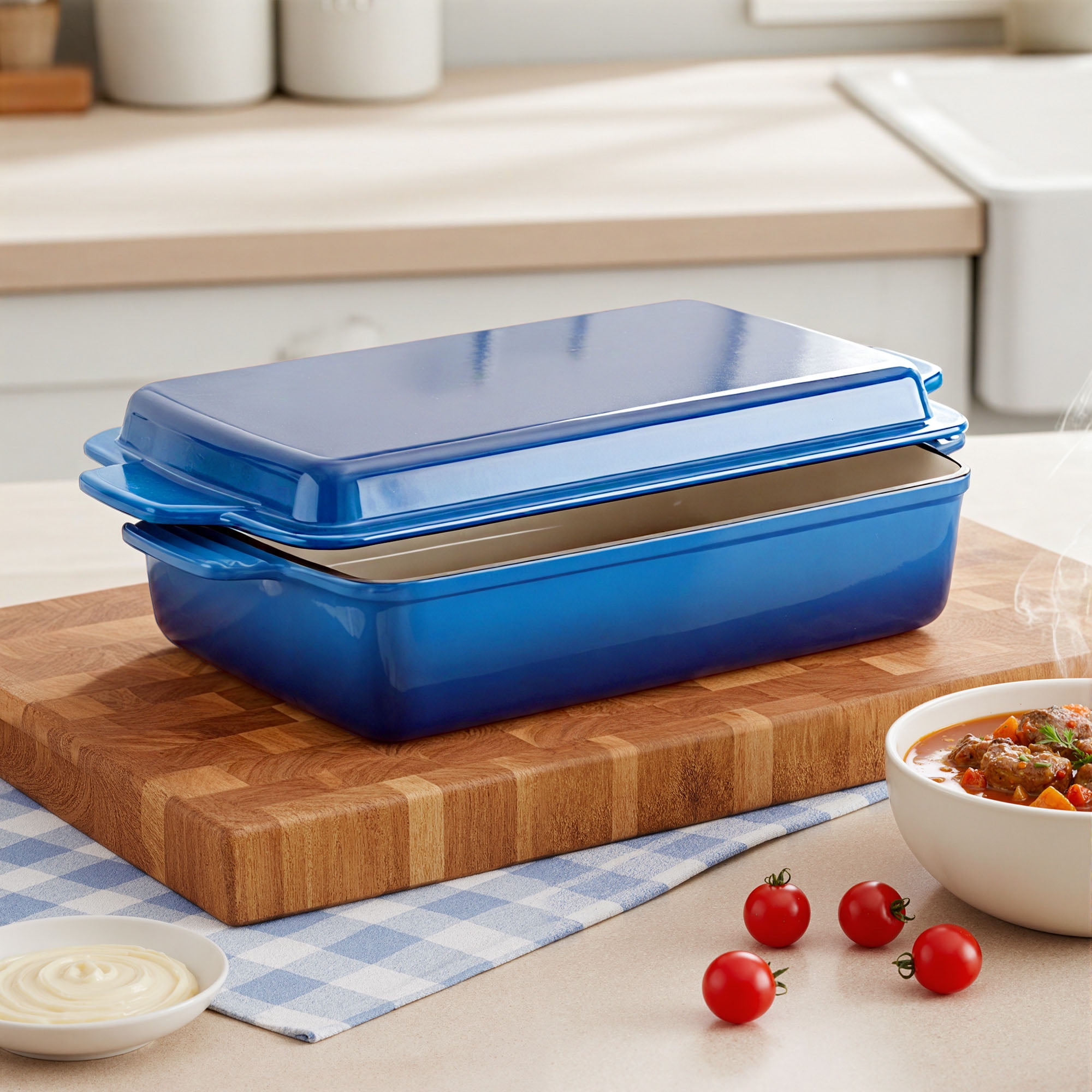4QT Blue Enameled Cast Iron Dutch Oven, 2-in-1 Rectangular Pot with Lid ...