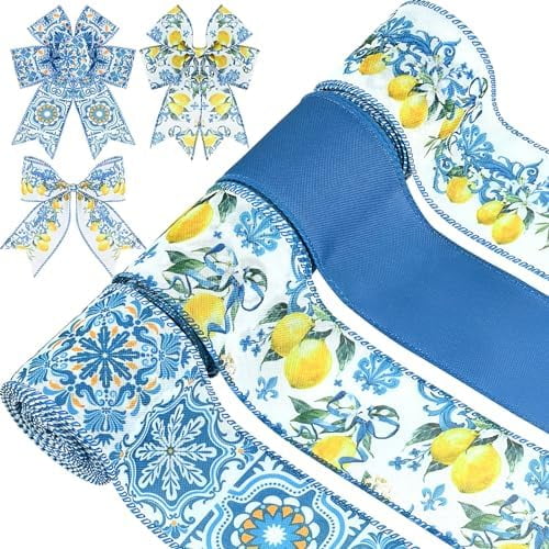 4Rolls 20 Yards Lemon Wired Edge Ribbon 2.5inch Summer Blue Tiles ...