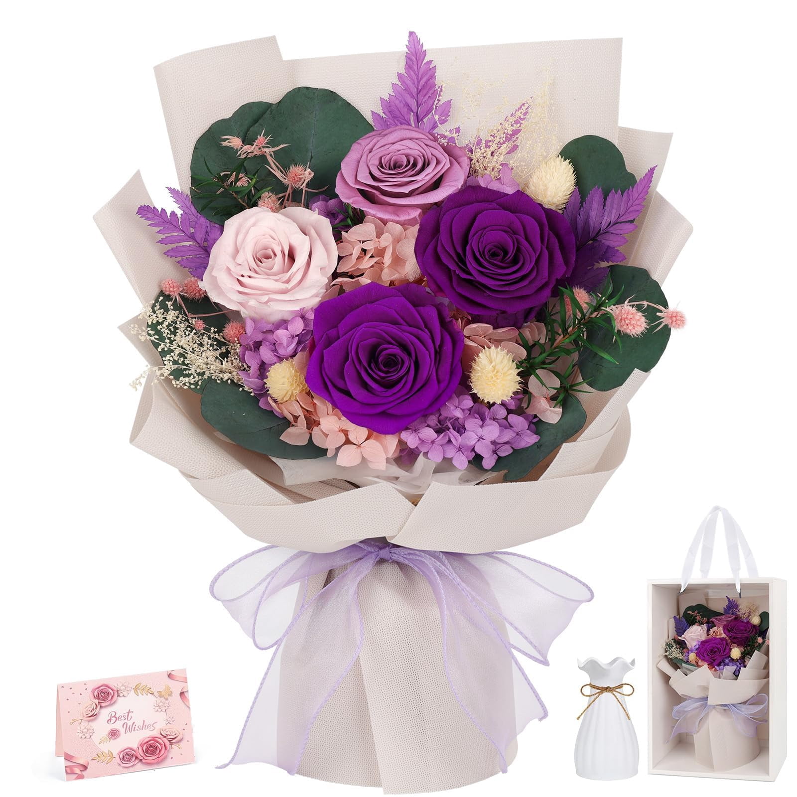 4Rose Dark Purple Preserved Flower Bouquet with Built-in Vase - Walmart.com