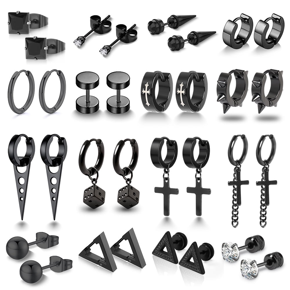 4Seek Earrings for Men - 16 Pairs of Black Stainless Steel Stud ...