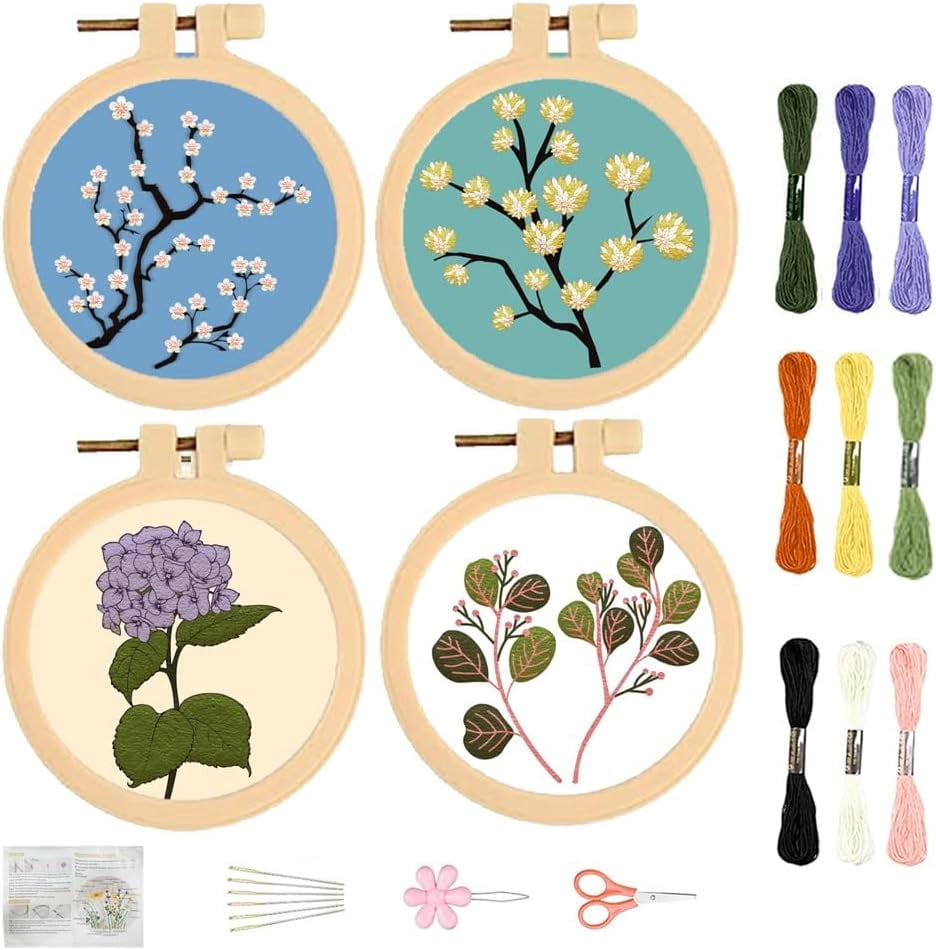 4Set 3.7inch Small Embroidery Kit Designed with Flowers and Branches ...