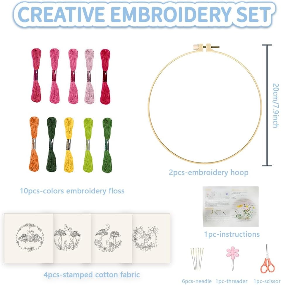 4Set 8'' Roses Embroidery Kit Flamingo Stamped Pattern Hand Embroidery ...