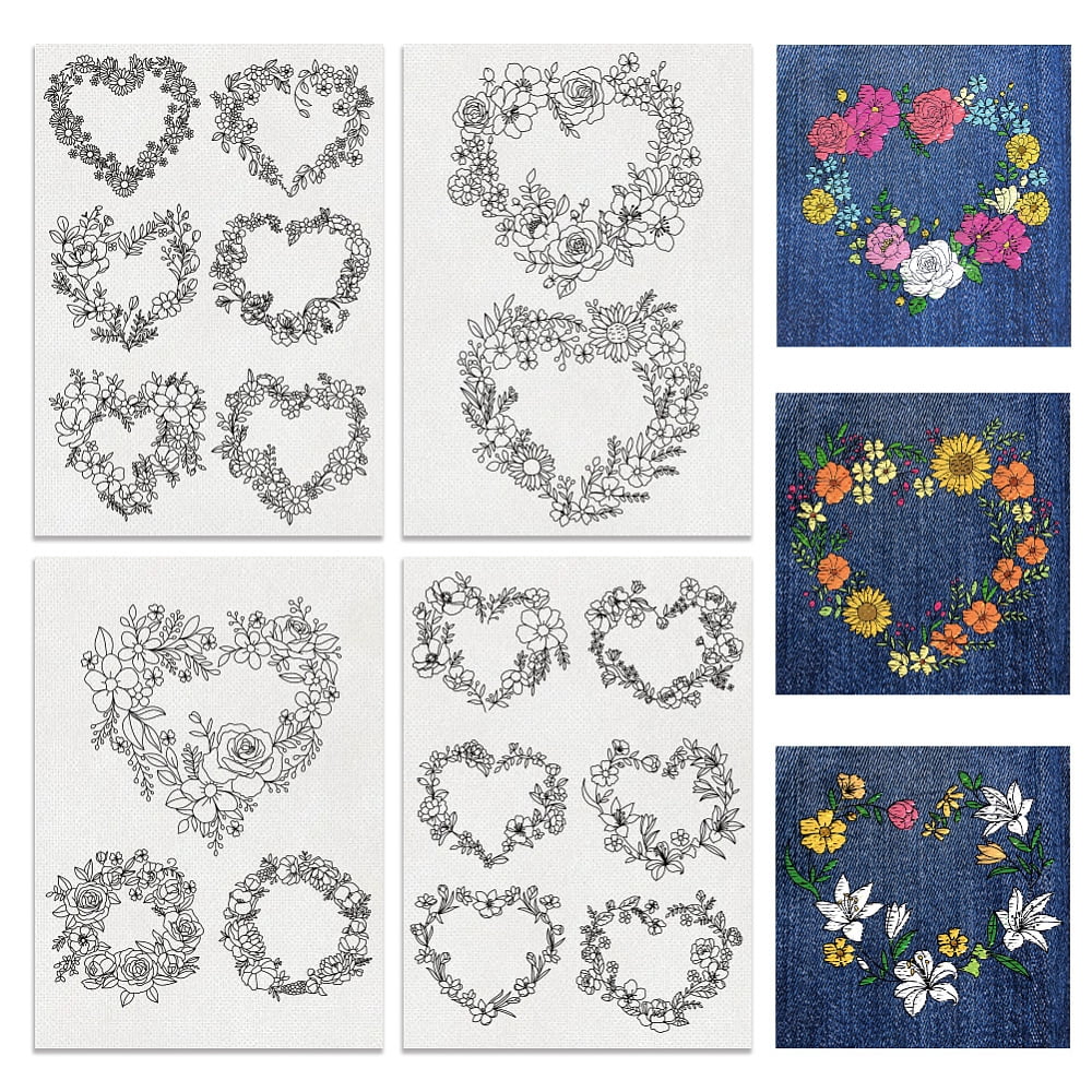 4Sheets 15Pcs Heart Wreath Water Soluble Embroidery 29.7x21cm/ 11.7x8 ...