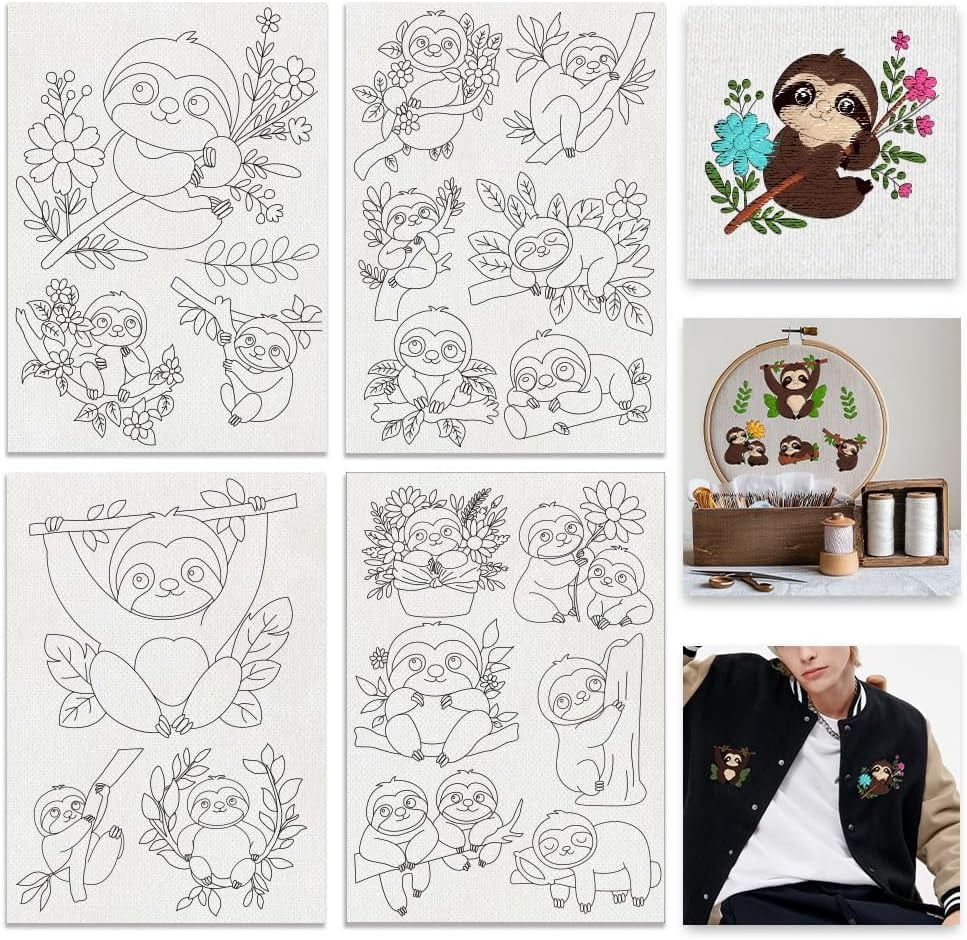 4Sheets 18Pcs Water Soluble Embroidery 11.7x8.3inch Sloth Sleepy Bear ...