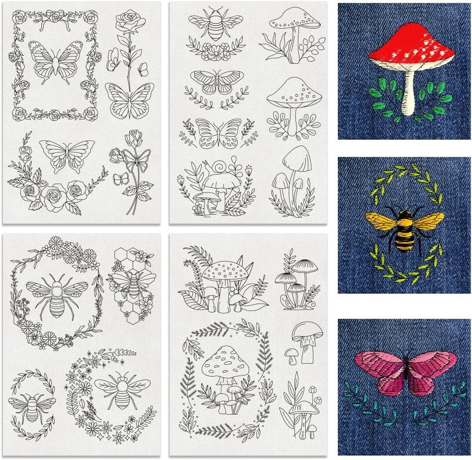 4Sheets 20Pcs Wreath Bee and Mushroom Water Soluble Embroidery 11.7x8 ...