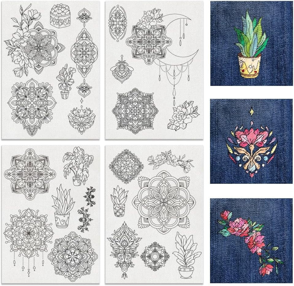 4Sheets 24Pcs Mandala Flower Water Soluble Embroidery 11.7x8.3inch Moon ...
