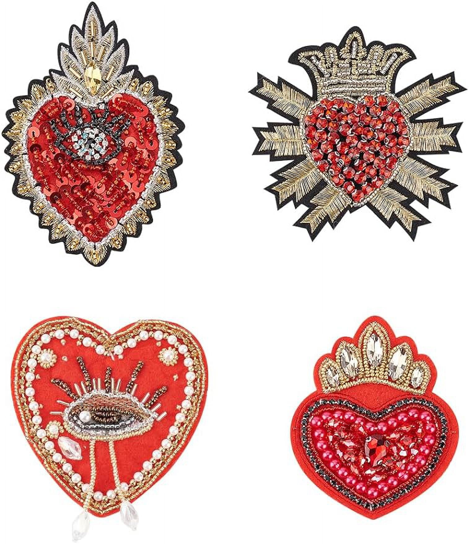 4Style Heart Shape Cloth Patches Sew on Appliques with Rhinestone Beads ...