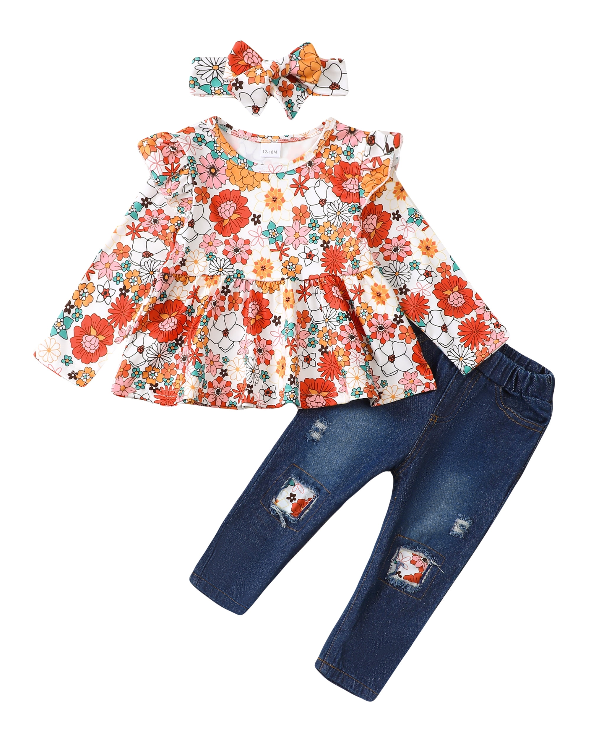4T-5T Girl Clothes Fall Winter 4T 5T Girl Outfits Floral Elements Top Denim Pants Adorable ...