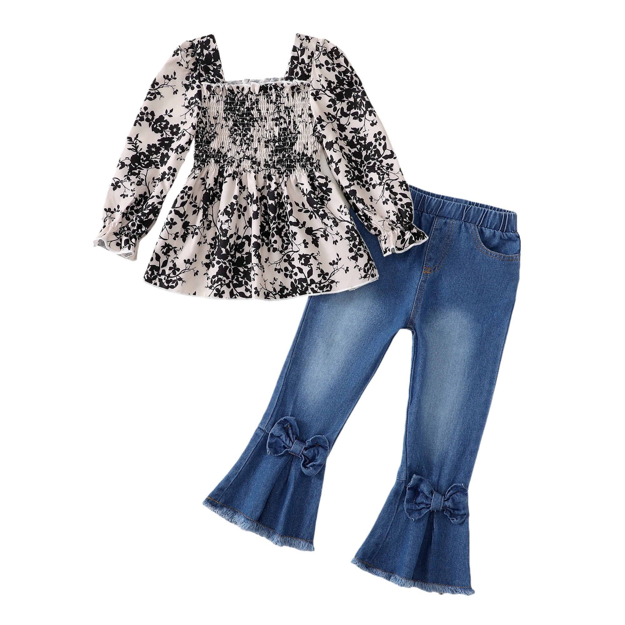 4T Baby Girls Clothes 5T Girls 2PCS Denim Outfits Set Floral Square ...