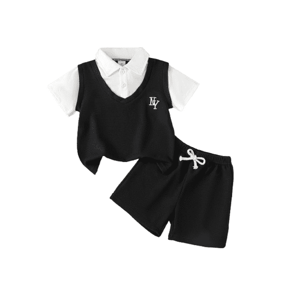 4T Toddler Boy Preppy Outfit Waffle-Knit Fake Two Pieces Design Short ...