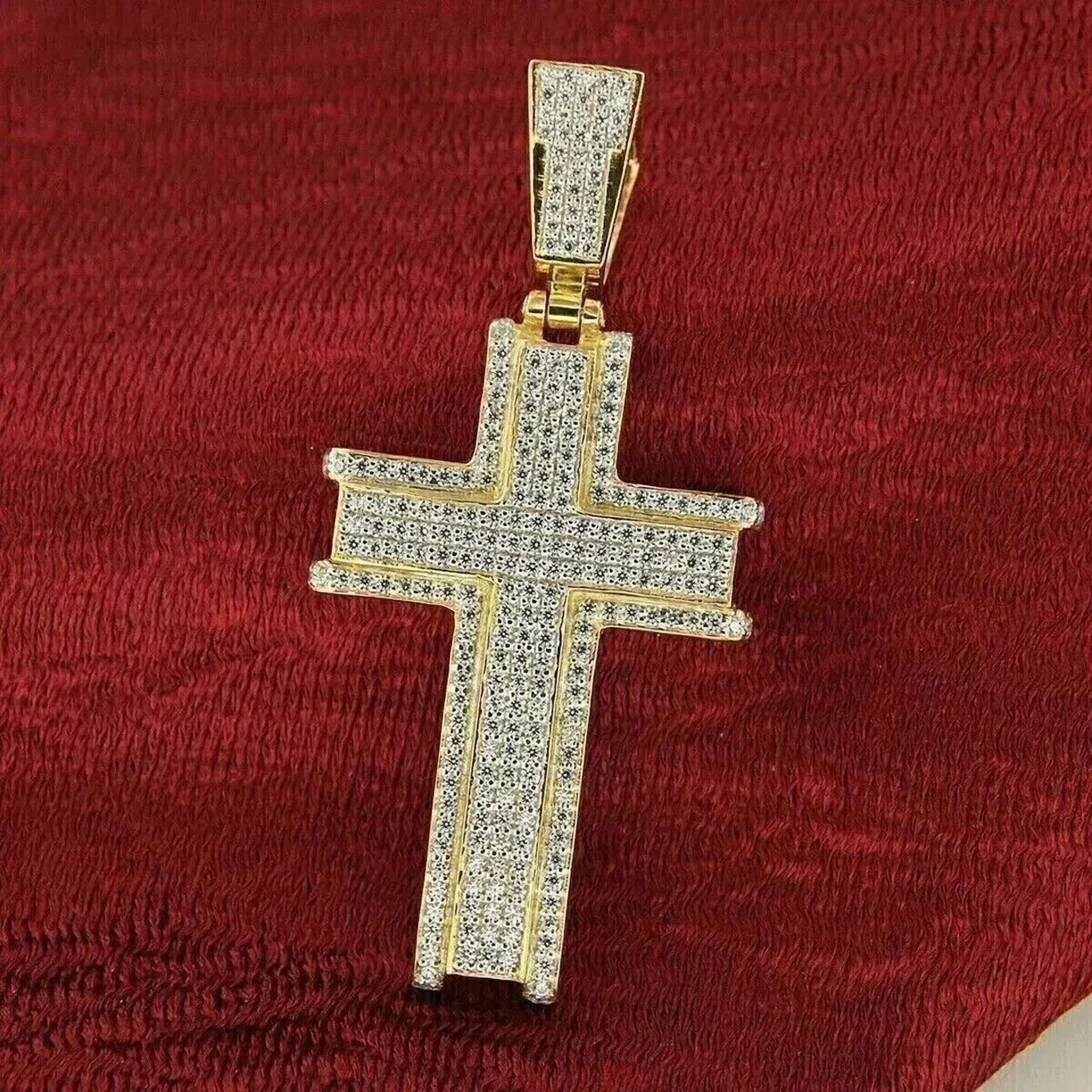 4TCW Round Cut Lab Created Diamond Men's Cross Charm Pendant 14k Yellow ...