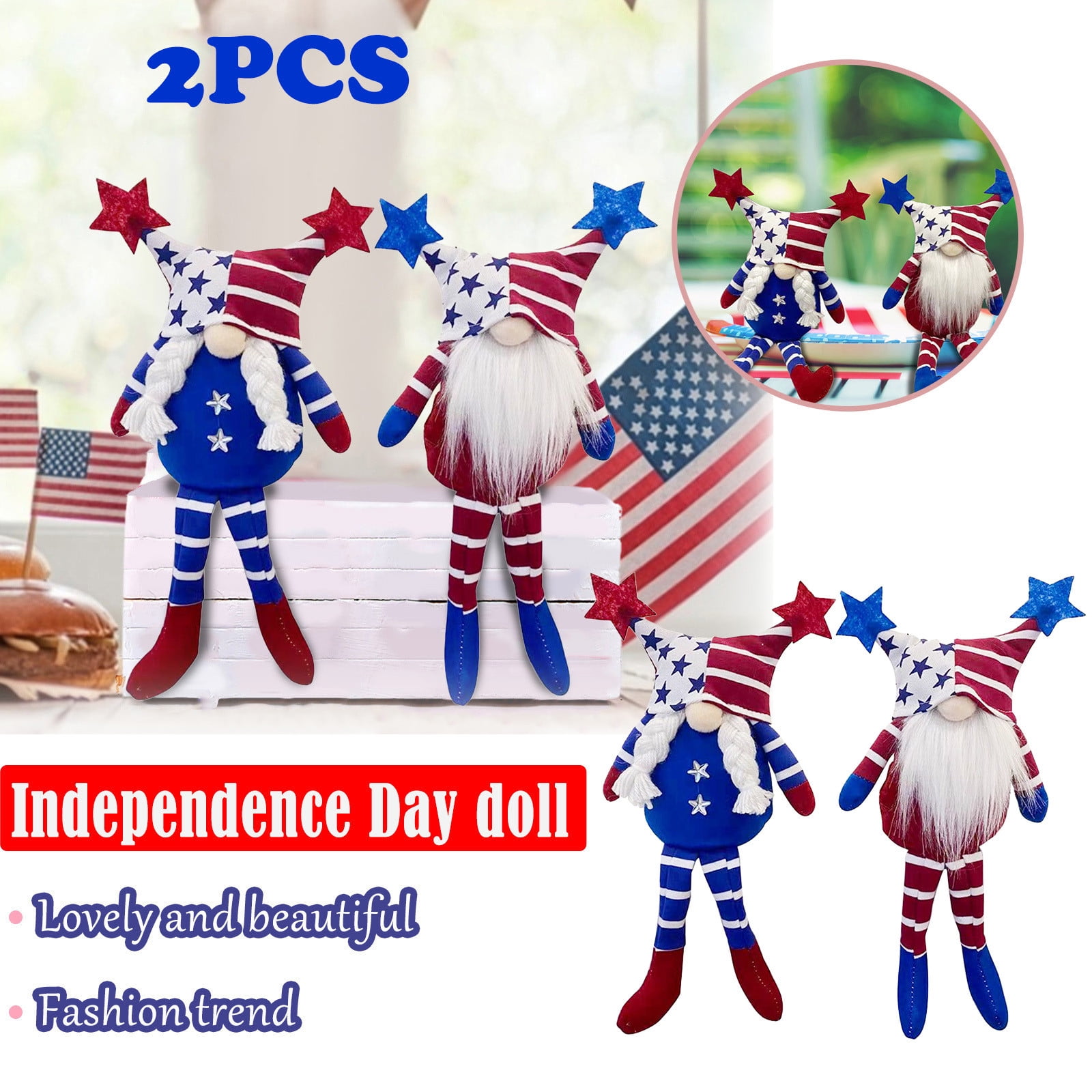 4Th of July Gnomes Djunllk 2PCS Independence Day Dwarf Doll with Plush Beard Red Blue Stars ...